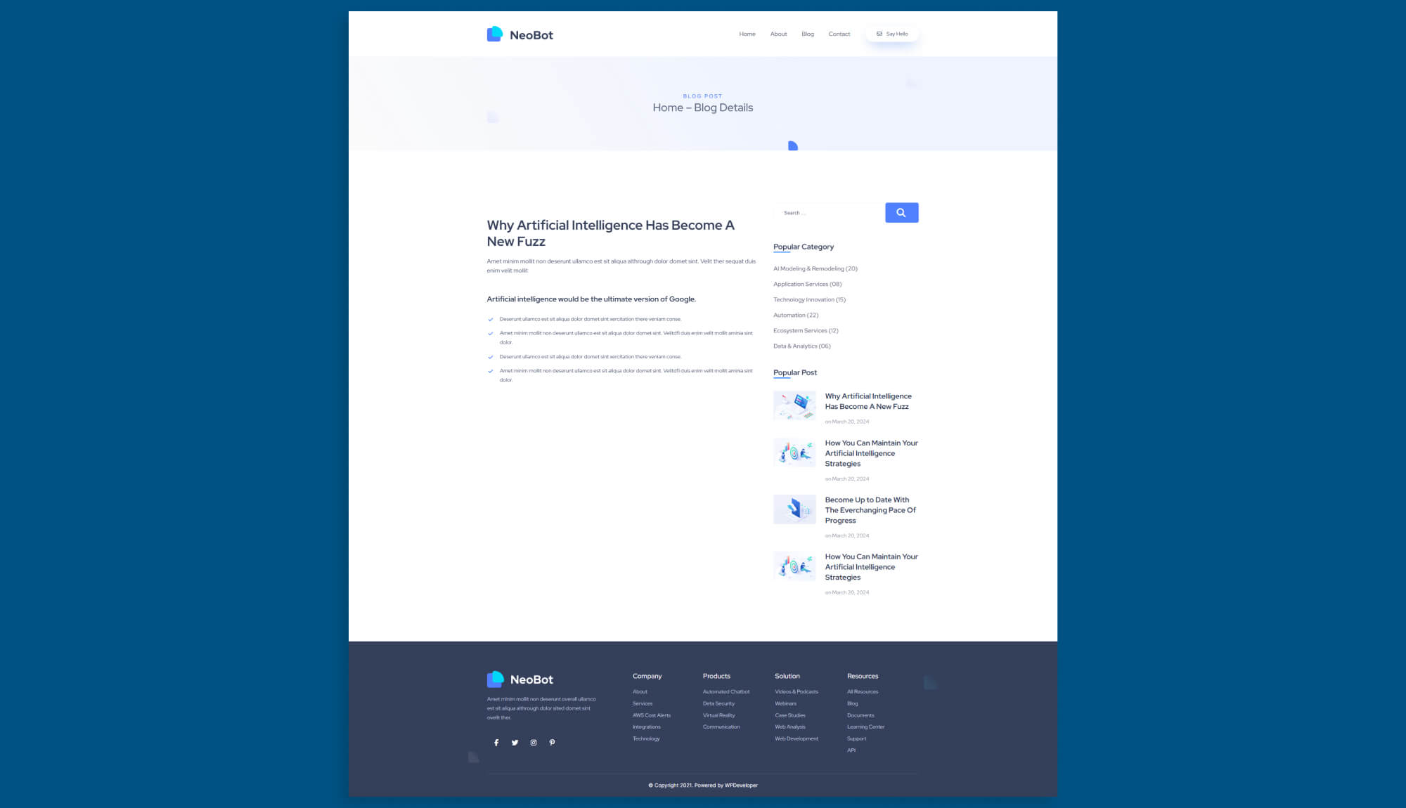 NeoBot - AI Startup Website Template For Gutenberg Blog Details | Templately