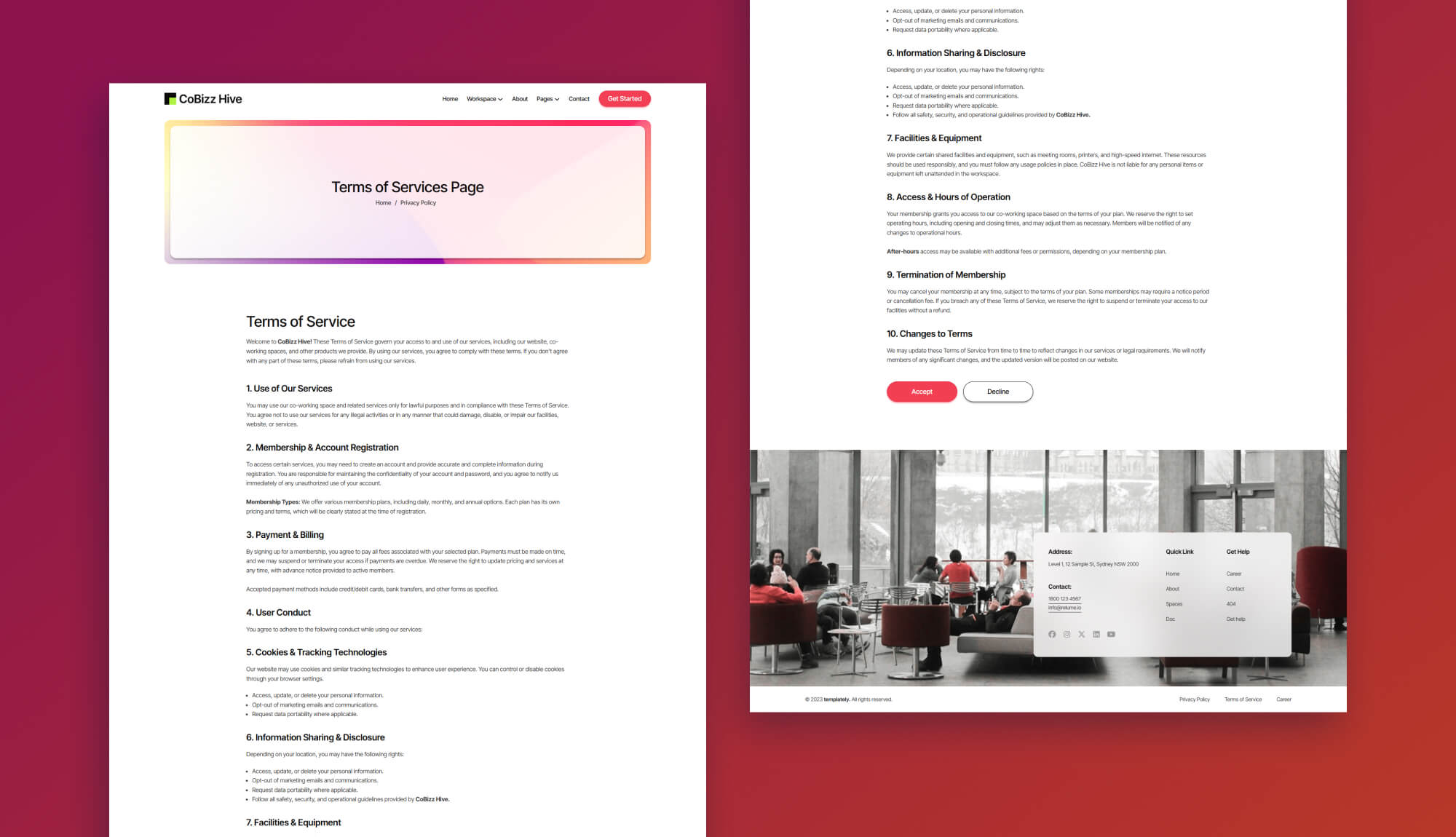 Cobizz Hive - Co Working Space Website Template for Gutenberg Terms Page | Templately