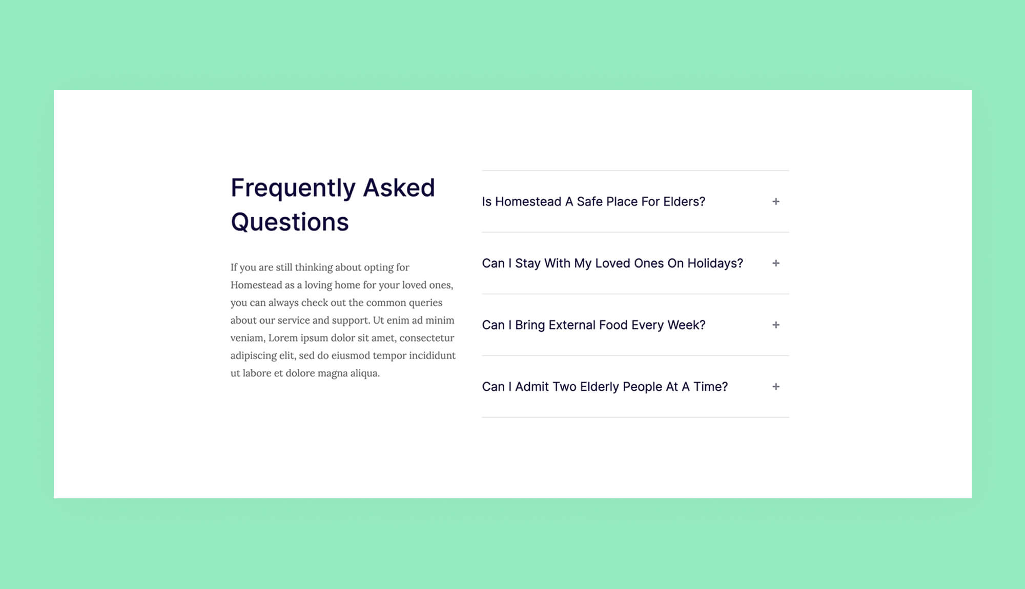 Homestead - Senior Care Service Website For Gutenberg FAQ Section ...