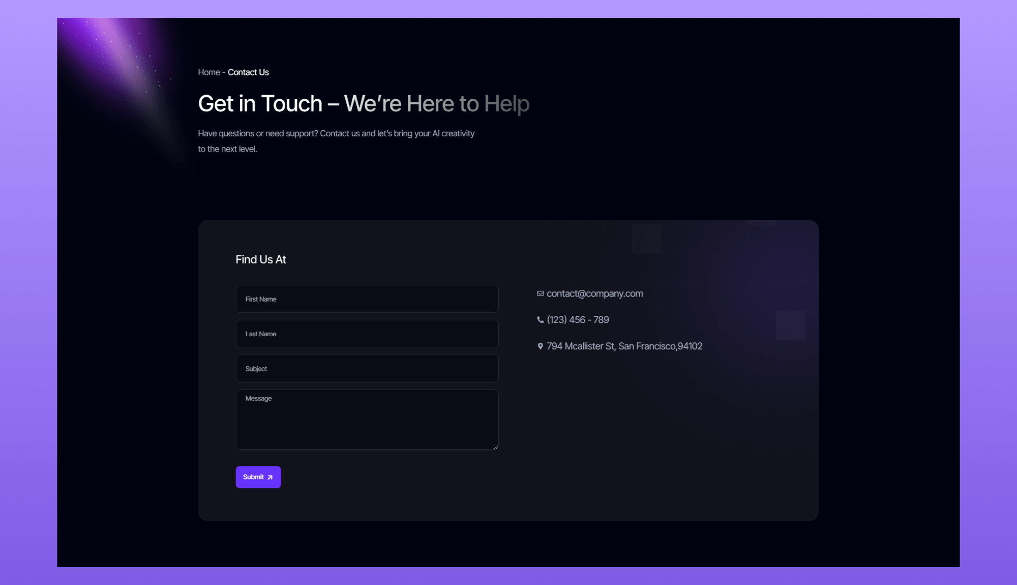 IllustrateAI - Elementor Template For AI Photo Creation Website Contact Us Section | Templately