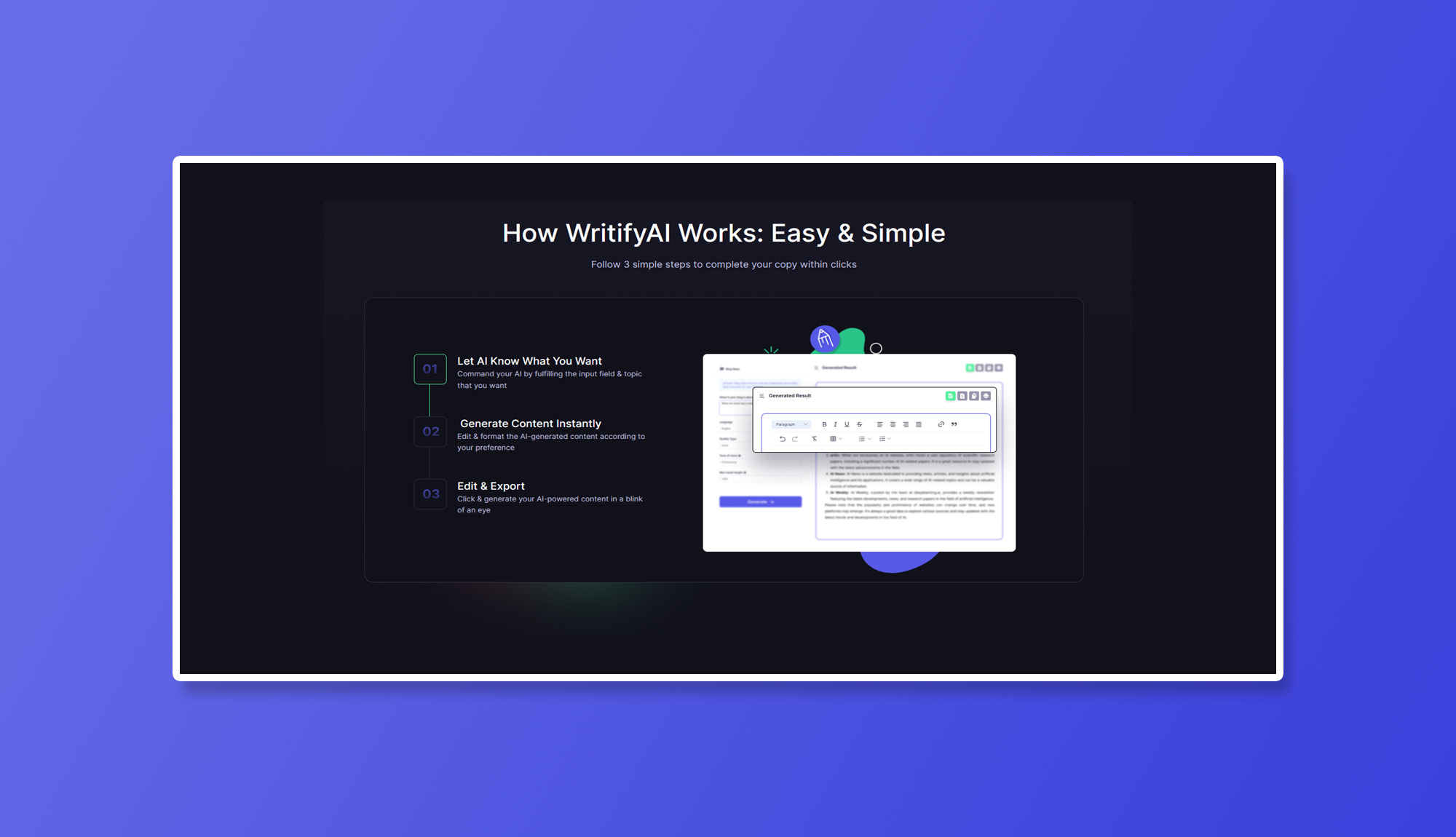 WritifyAI - Elementor Website Template For Content AI How it Works Tab Section | Templately