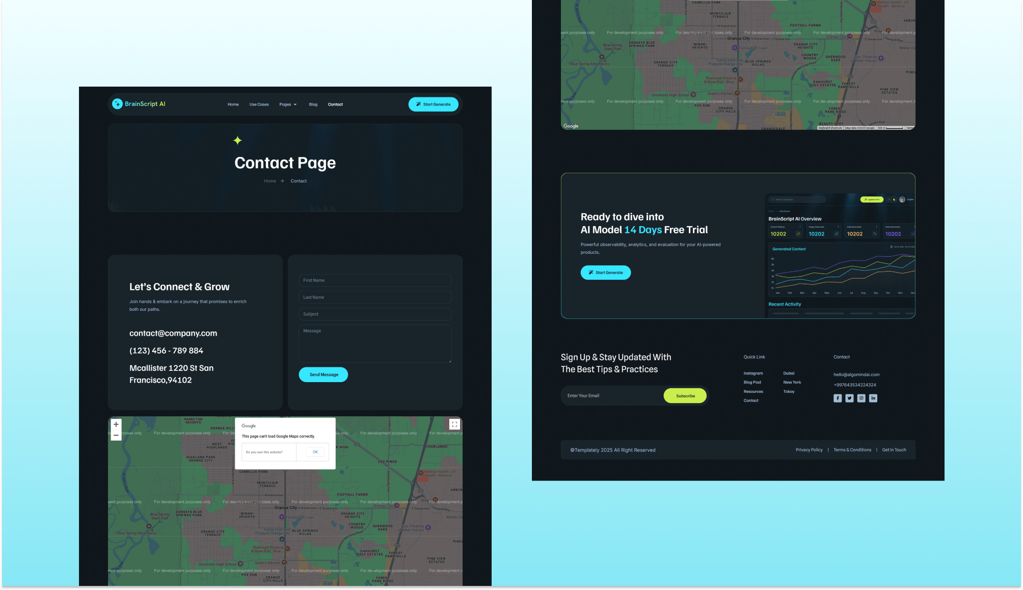 BrainScript AI – Multipurpose AI SaaS Website Template Contact Page | Templately