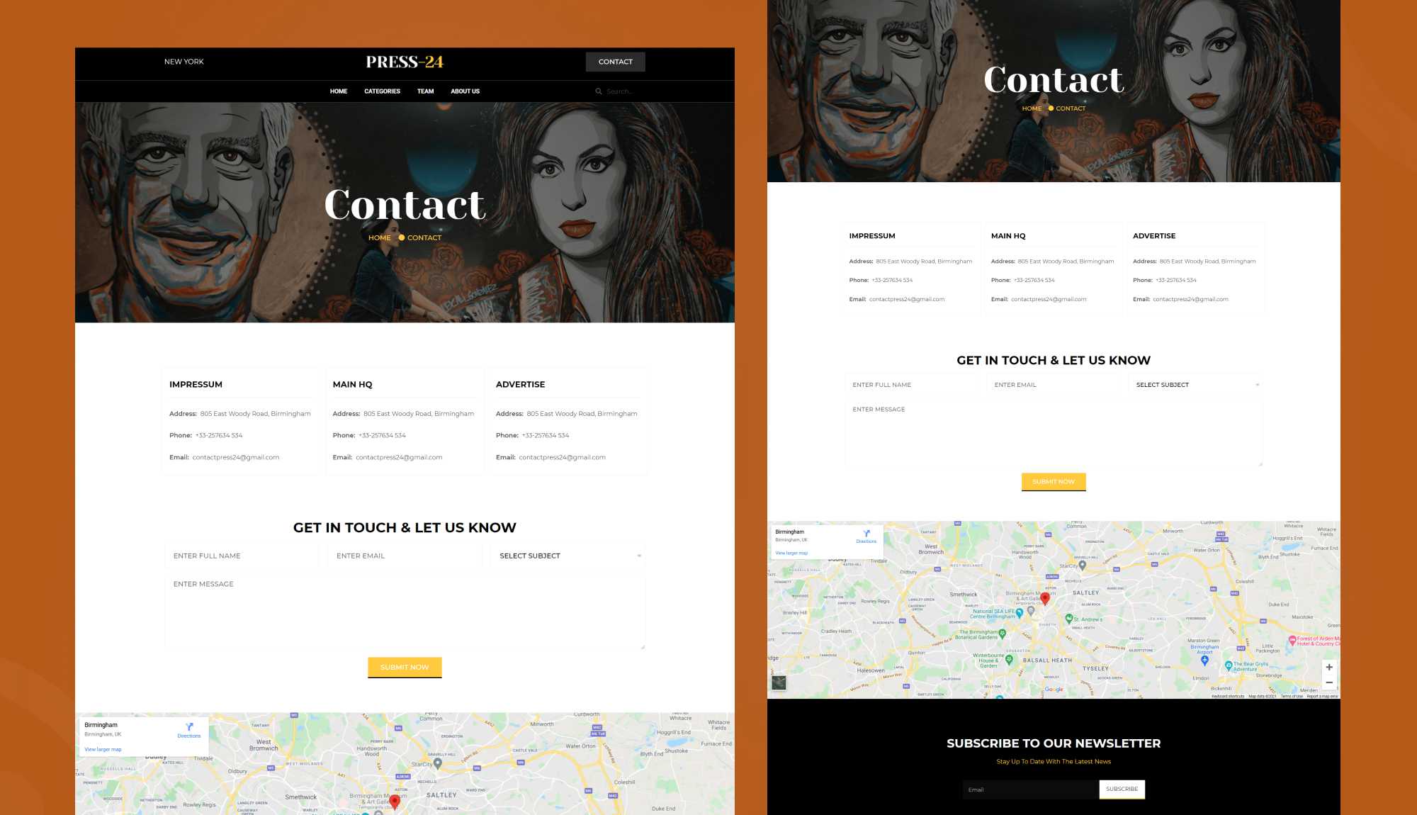 Press24 - Newspaper Website Template Contact Page | Templately | Templately