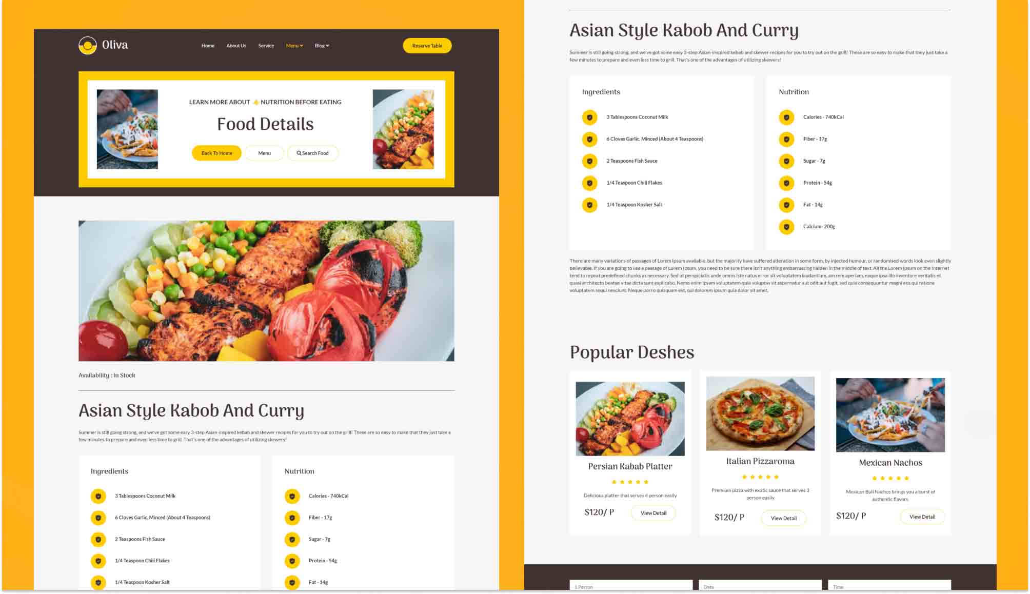 Oliva - Fine Dining Restaurant Website Food Details Page | Templately