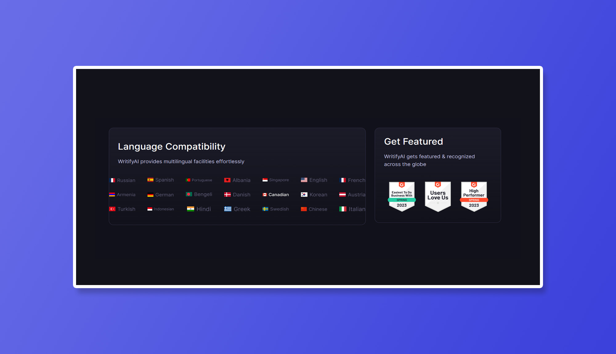 WritifyAI - Elementor Website Template For Content AI Language & Features Section | Templately