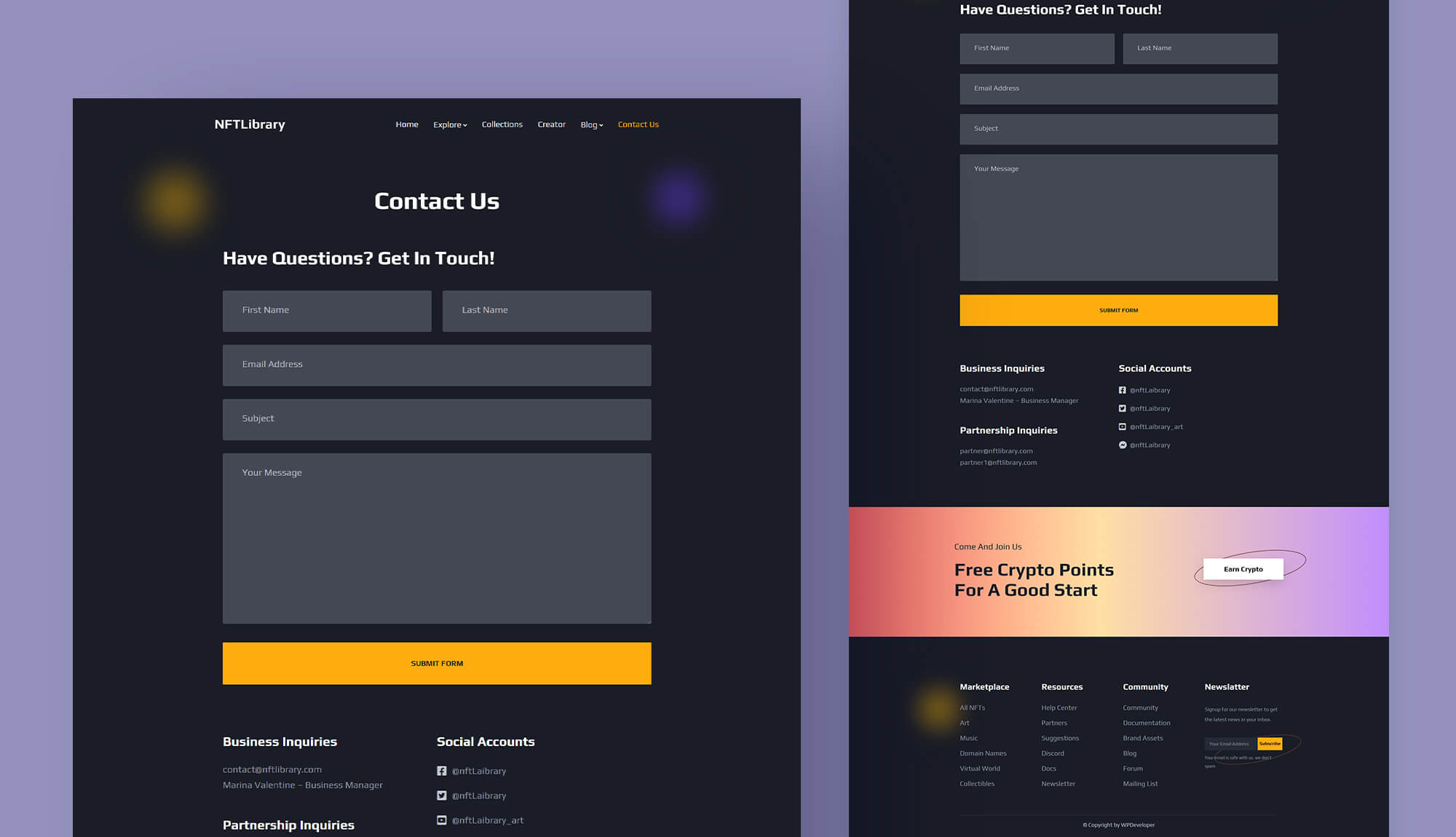 NFTLibrary- NFT Agency Website Template Contact Page | Templately