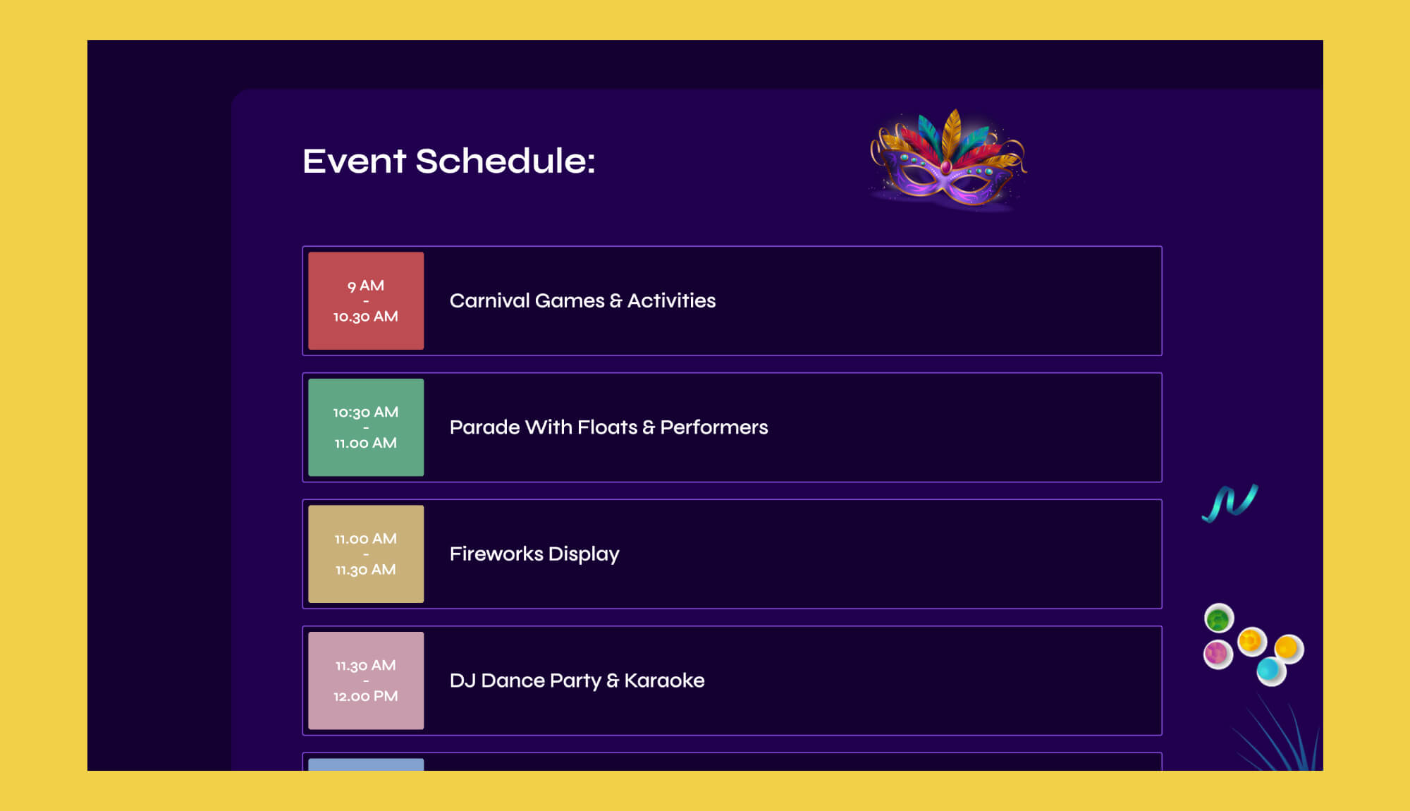 FestiveLy - Carnival Template For Elementor Event Schedule Section ...