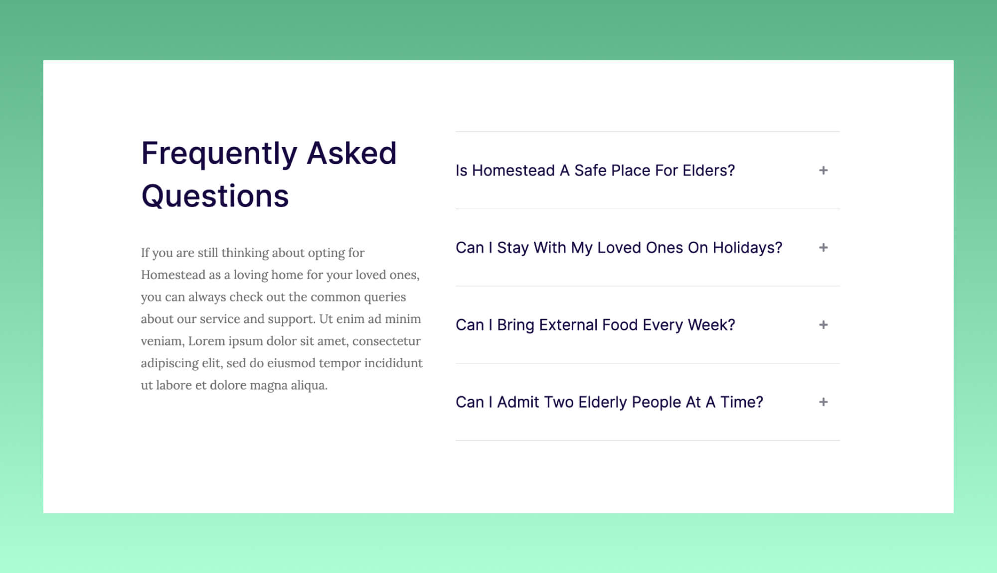 Homestead - Senior Care Service Website Template FAQ Section ...