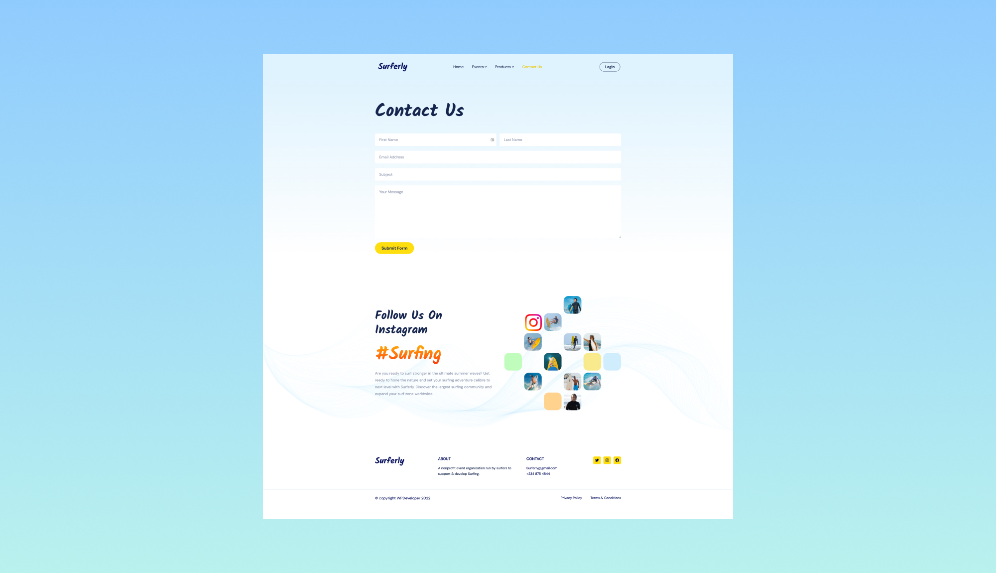 Surferly - Surfing Event Website Template Contact Page | Templately