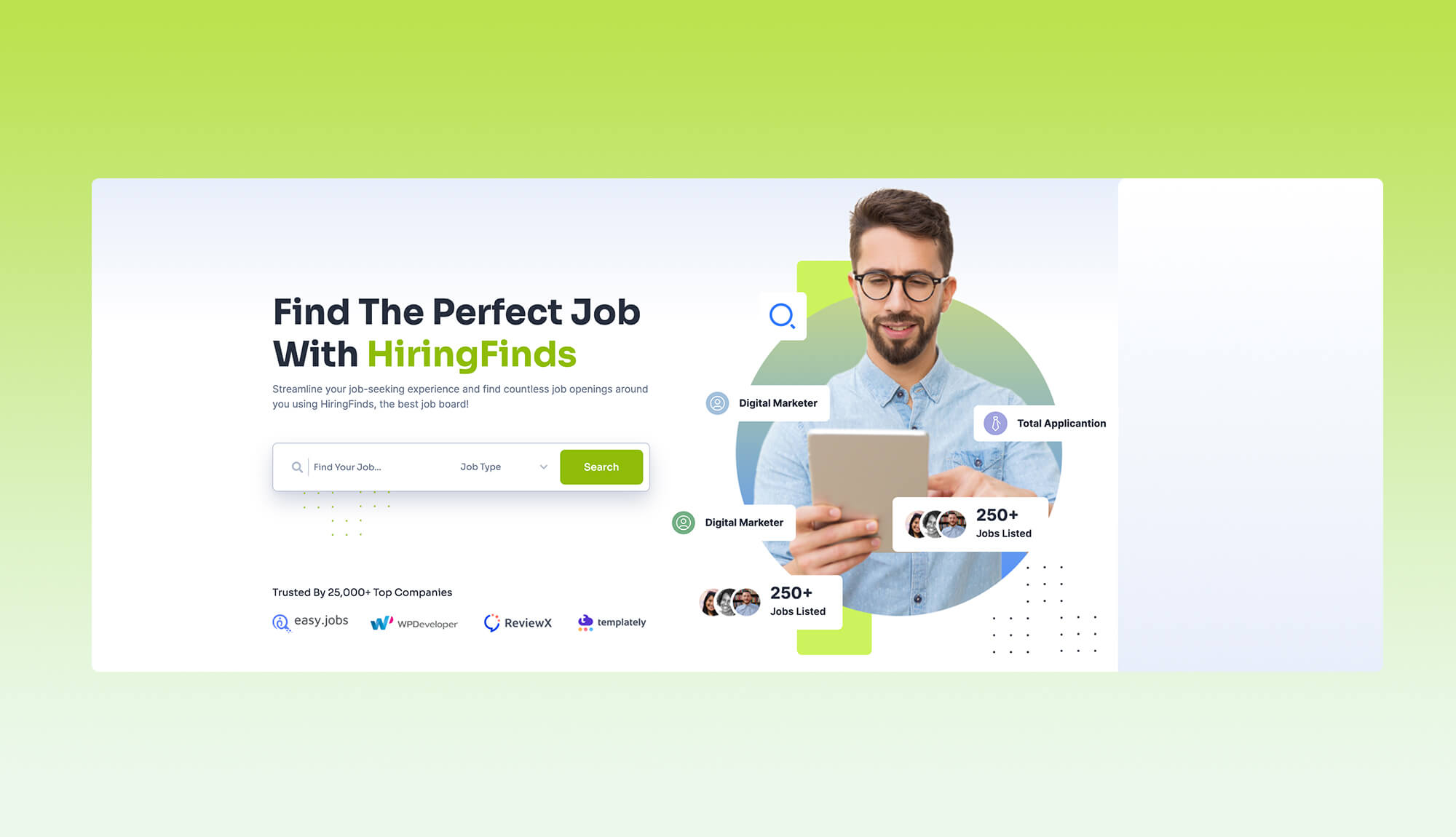 HiringFinds - Job Board Website For Elementor Hero Section | Templately