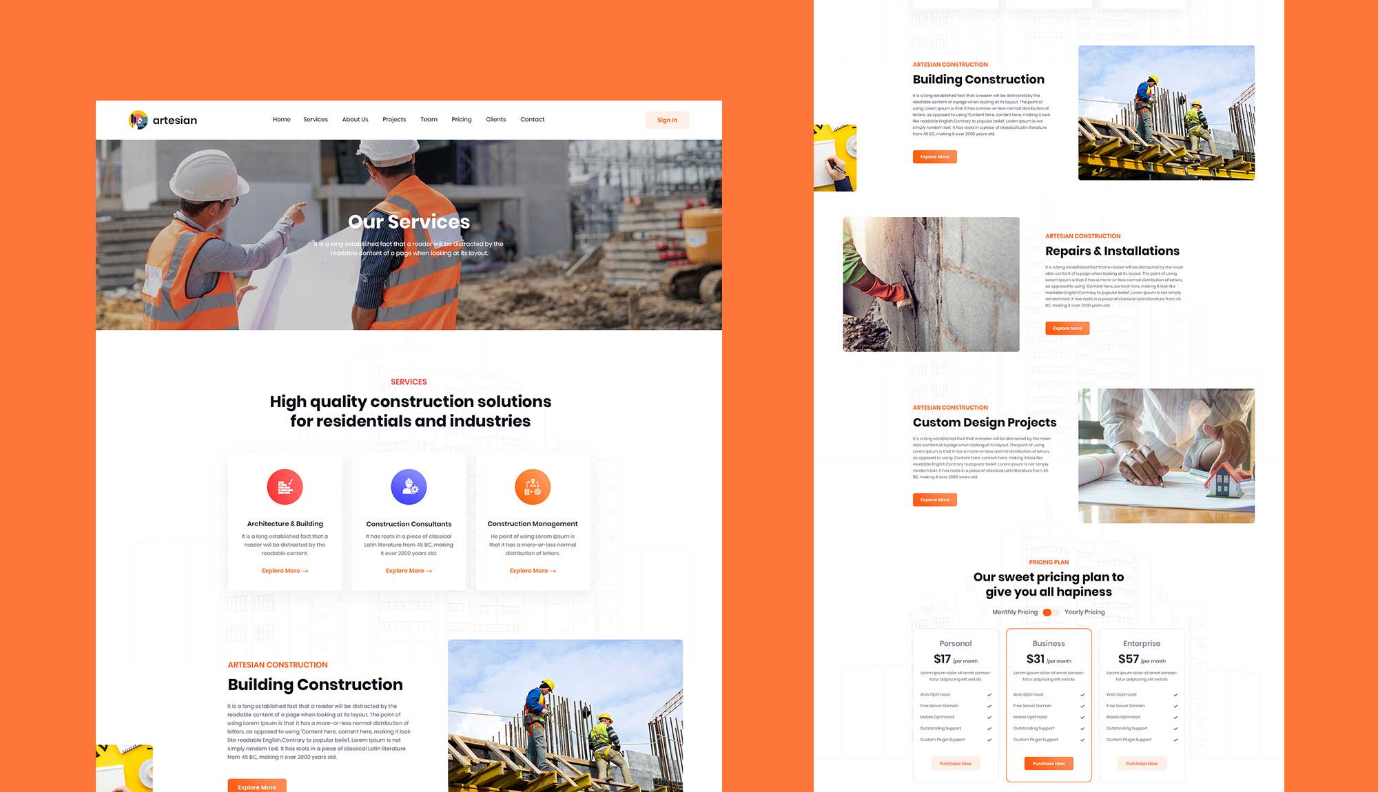 Artesian - Gutenberg Construction Website Template Services Page For ...