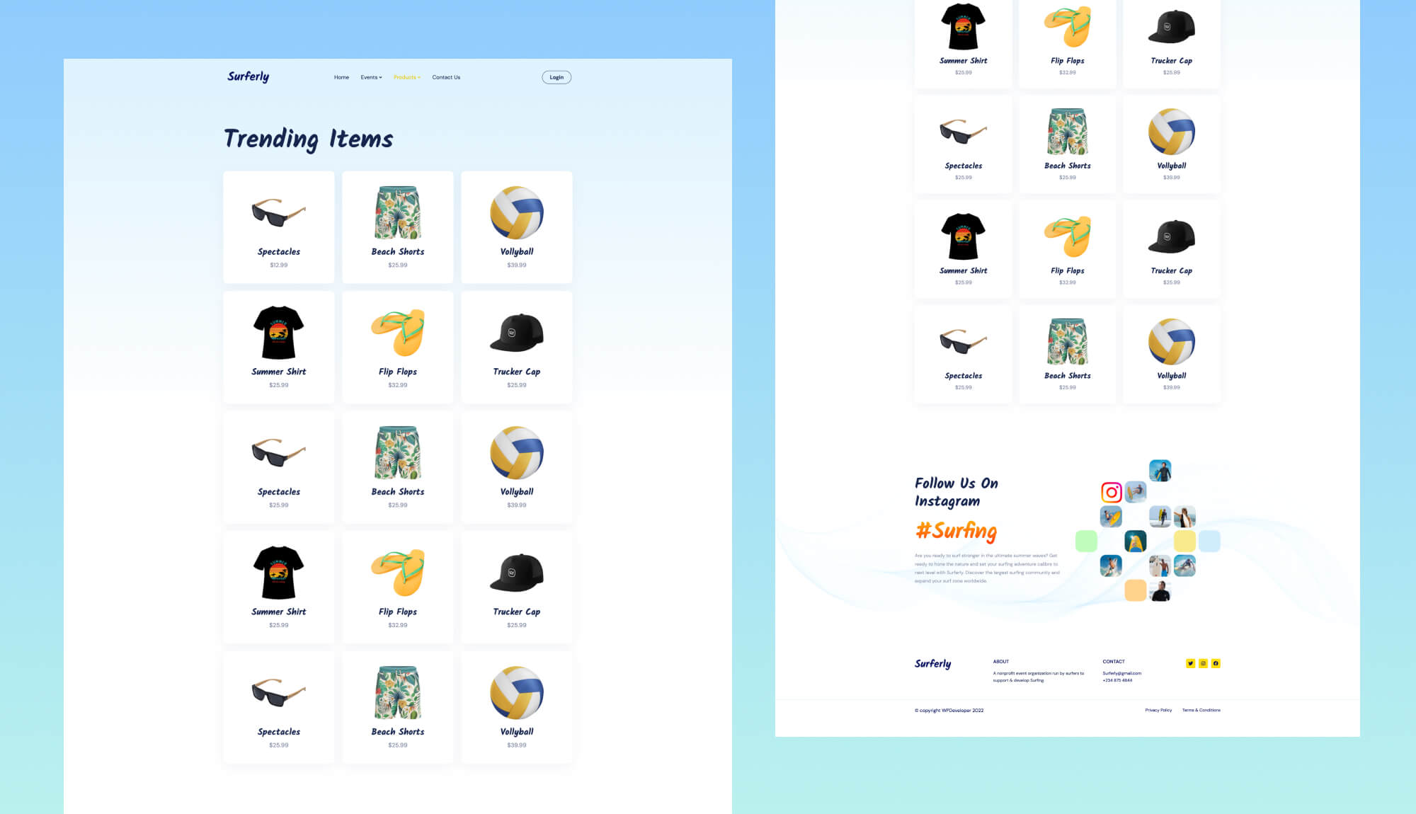 Surferly - Surfing Event Website Template Products Page | Templately