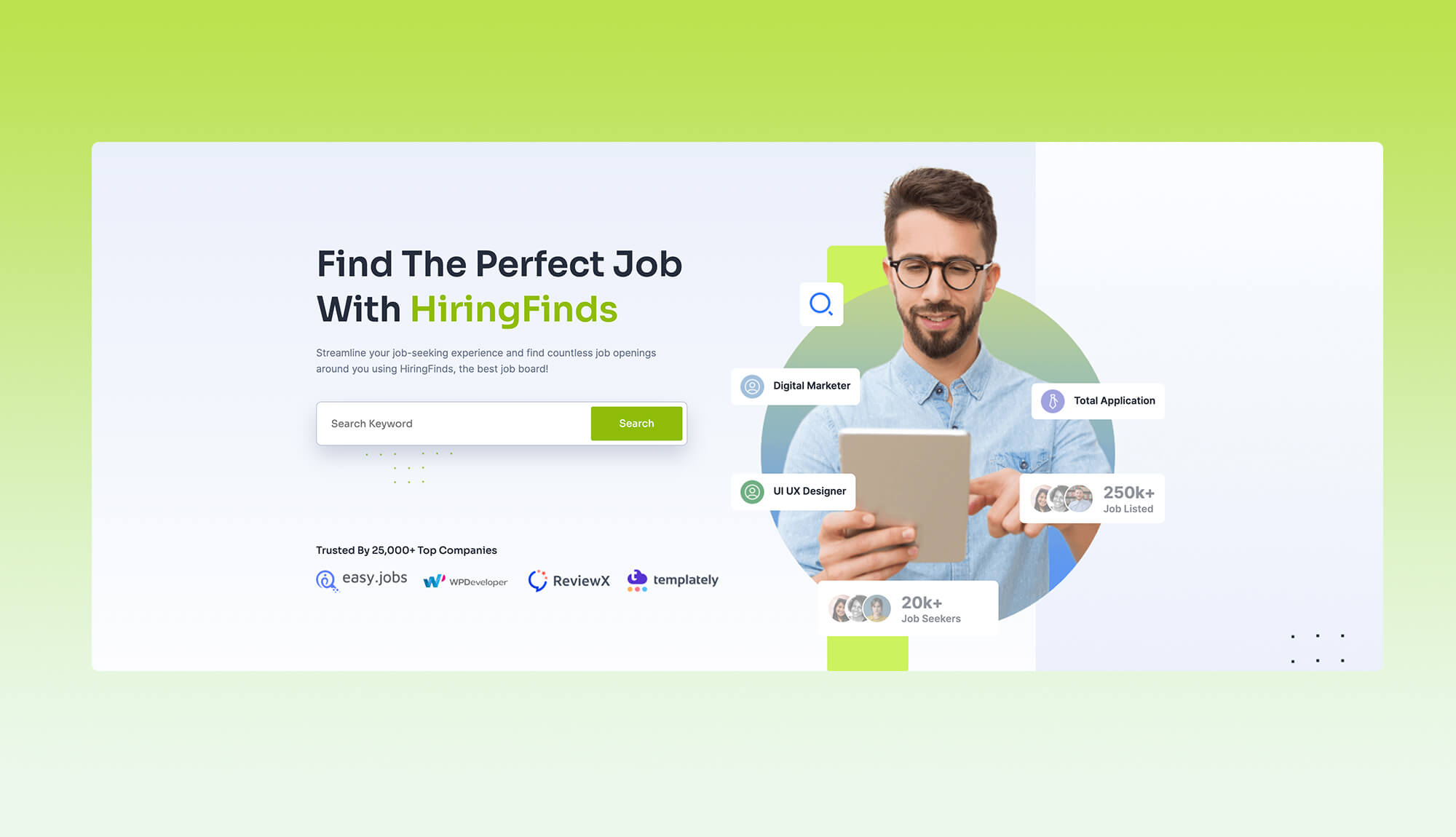 HiringFinds - Job Board Website For Gutenberg Banner Section | Templately