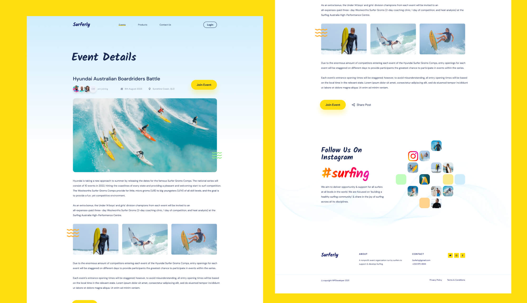 Surferly - Surfing Event Website Template Event Details Page | Templately
