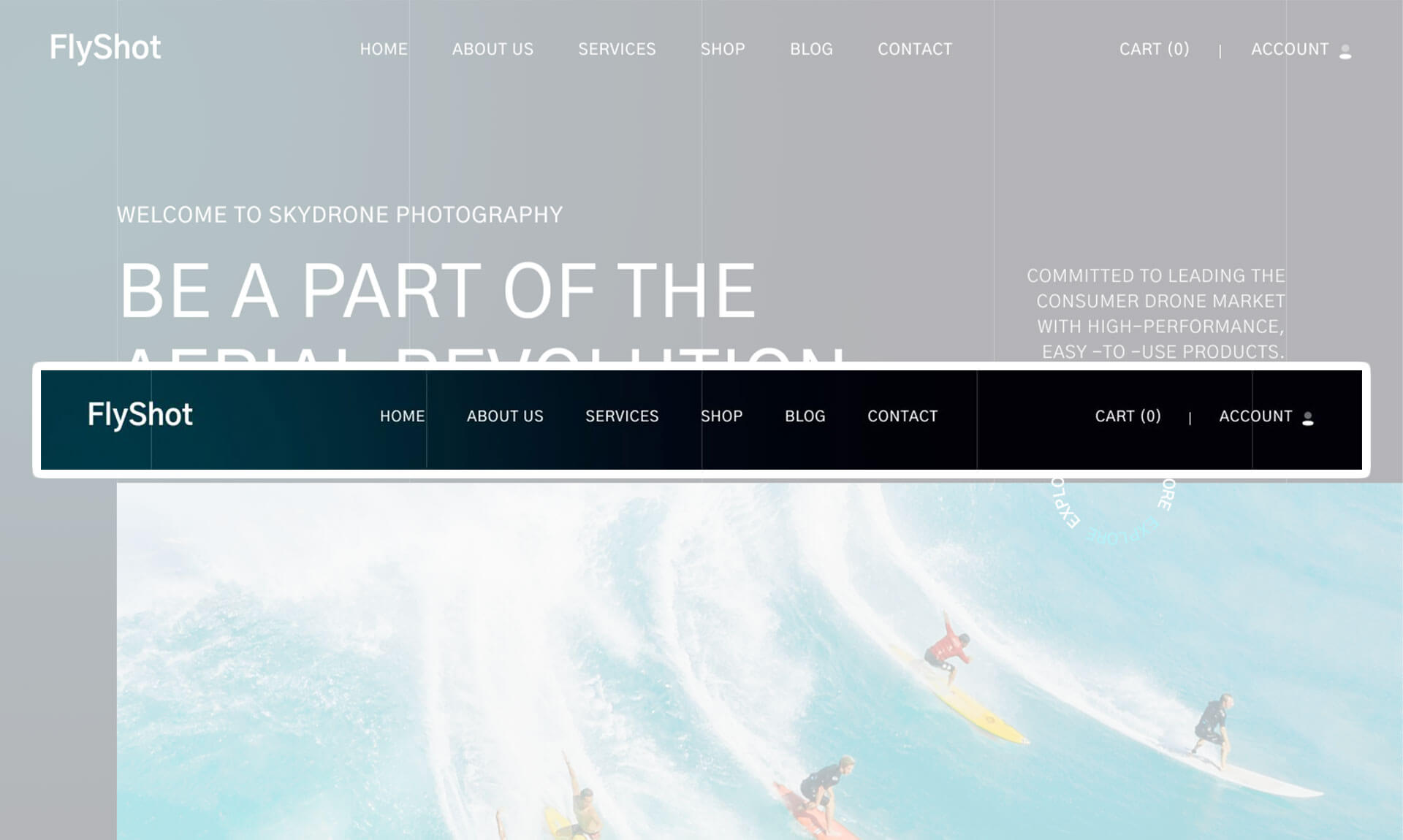 FlyShot - Aerial Photography Website Template Header | Templately